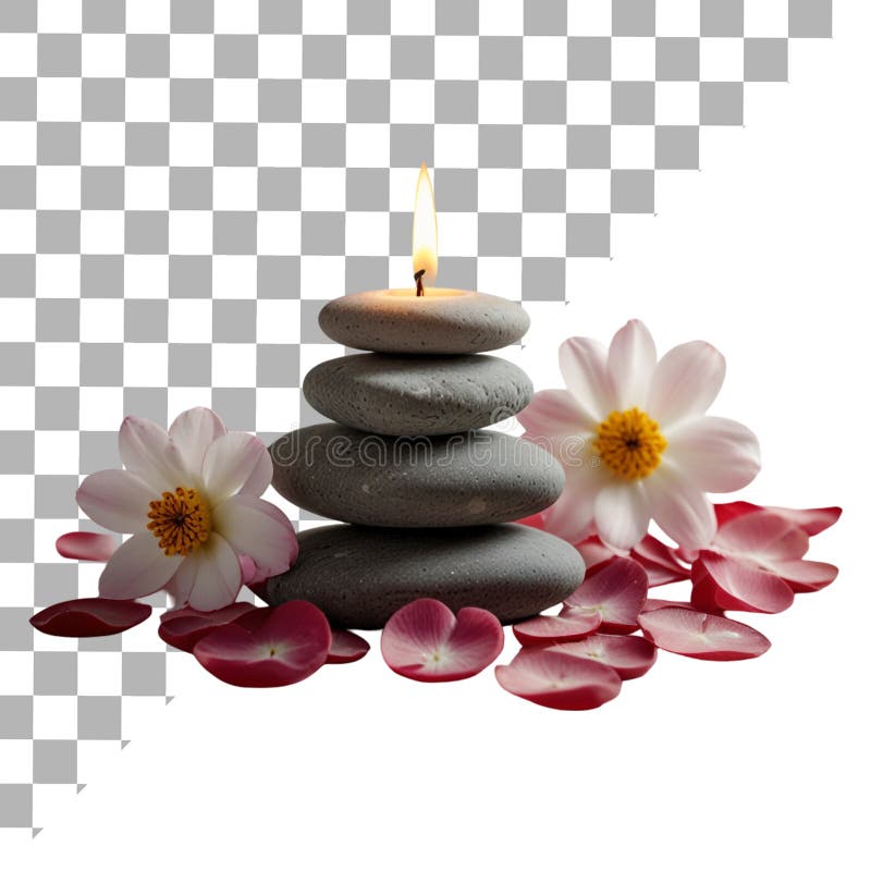 Lit Candle on Stacked Stones with Flowers on Transparent Background Lit ...