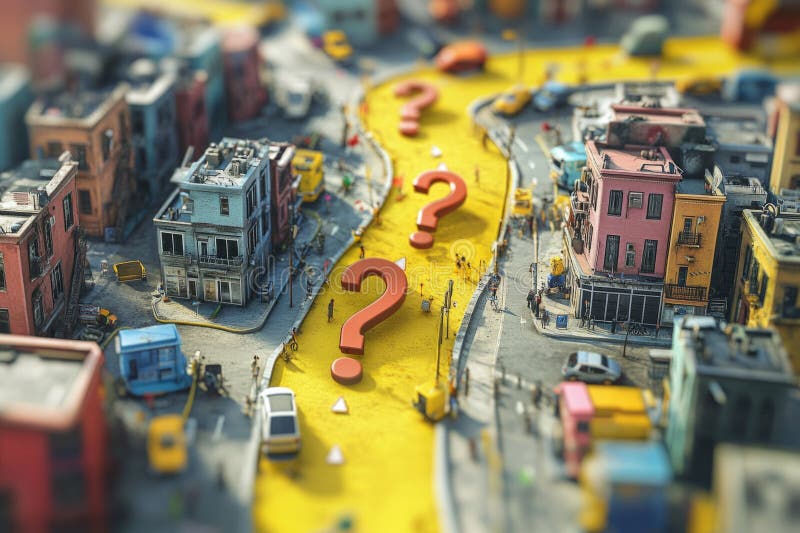 A Vibrant City Scene with Colorful Buildings and Large Question Marks ...