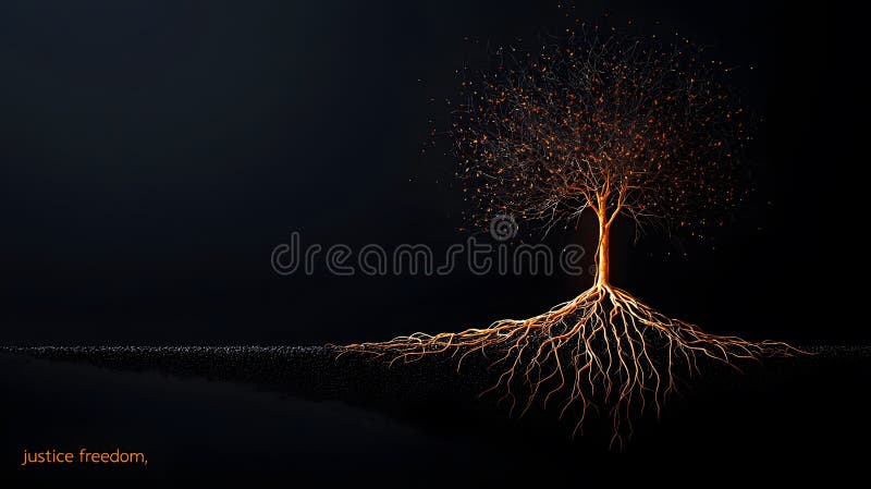 A Stunning Tree with Glowing Roots Symbolizing Justice and Freedom in a ...
