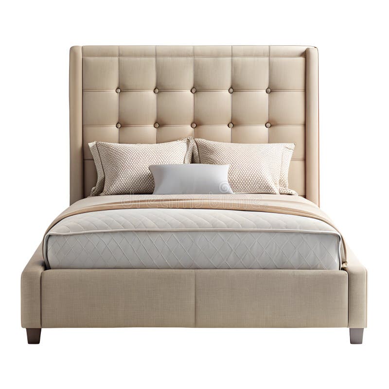 Luxurious Beige Upholstered Bed Frame with Tufted Headboard and Elegant ...