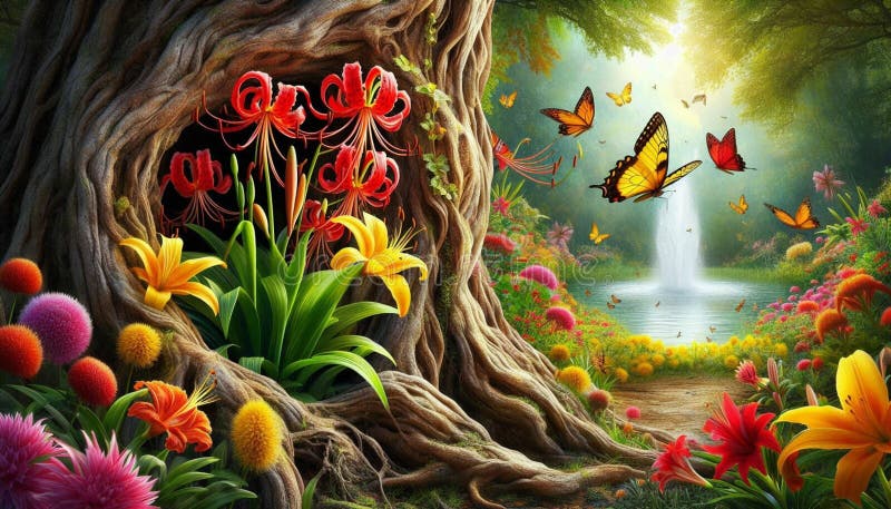 In the Center, an Ancient and Imposing Tree, with Twisted Roots and a ...