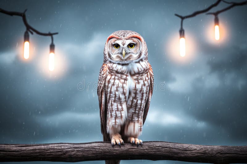 Owl on Tree Branch with Lightning Bulbs Stock Illustration ...
