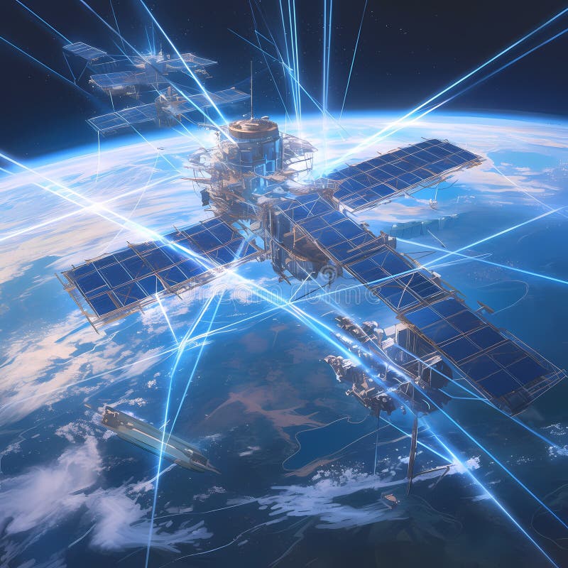 Space Station in Orbit with Solar Panels, Power Cables and Earth in the ...