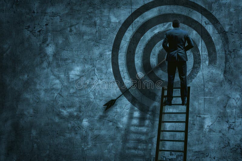 A Man Aims an Arrow at a Target, Standing on a Ladder. this Image ...