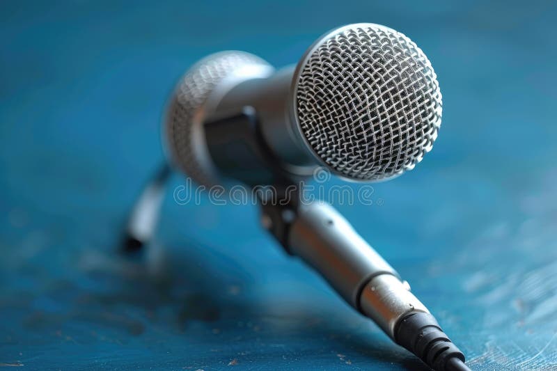 Close-up of a Silver Microphone on Blue Wooden Surface Stock ...