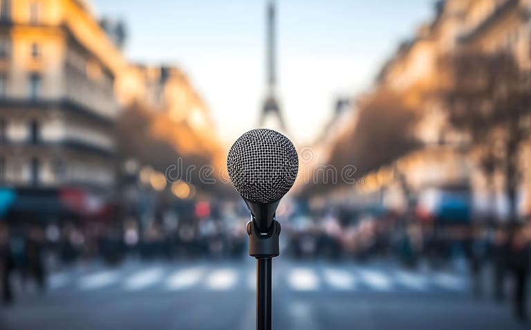 Microphone on Parisian Street with Eiffel Tower in Background ...