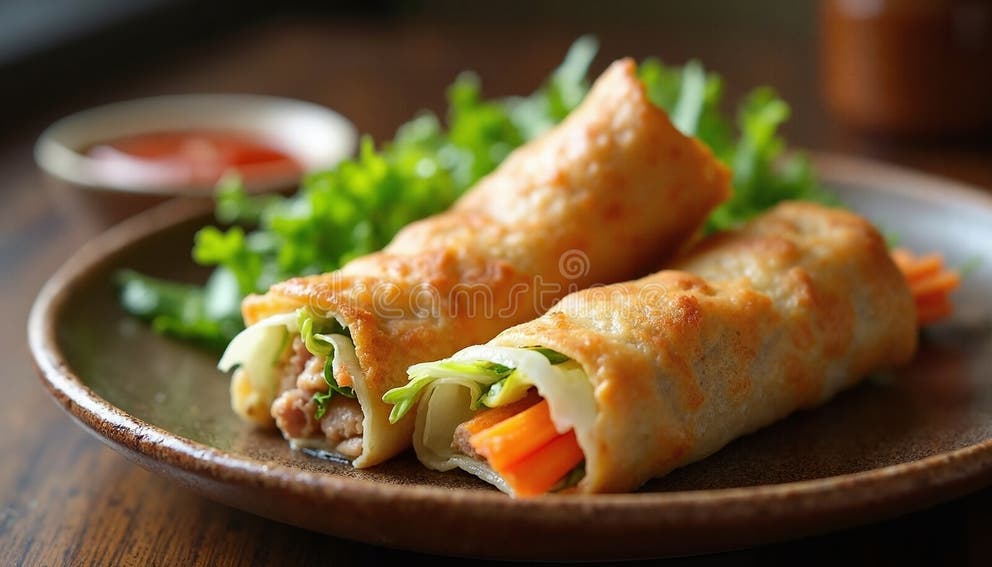 Vibrant Chinese Spring Rolls with Pork or Shrimp, Served on Rustic ...