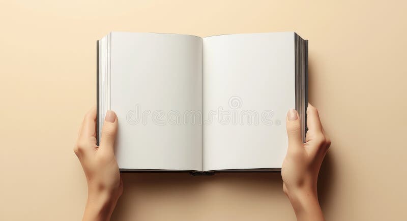 The Image Features a Minimalist Blank Book with Open Pages and Hands ...