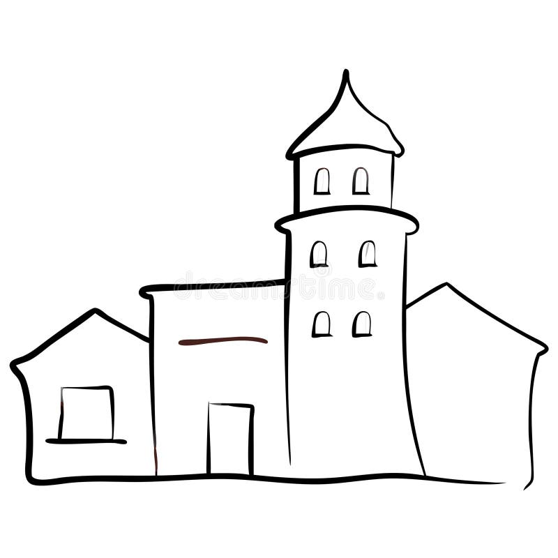 Minimalistic Outline of Medieval Building with Tower and Windows Vector ...