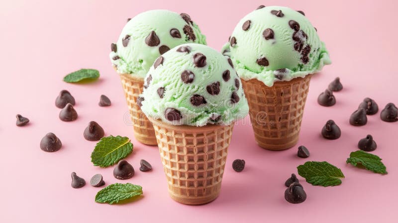 The Image Features a Mint Chocolate Chip Ice Cream Cone on a Pink ...