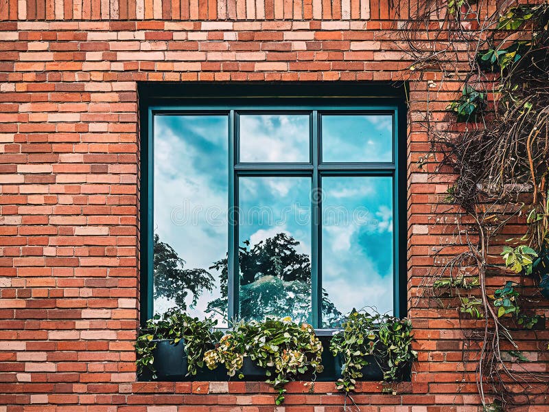 The Image Features a Modern Black Window Set in a Red Brick Wall ...