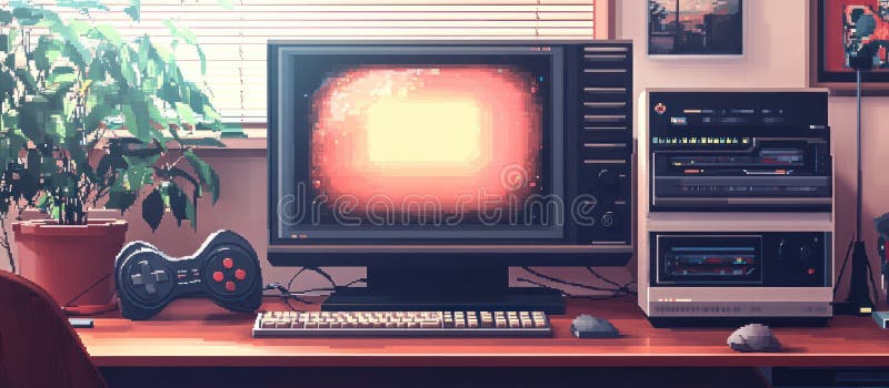 Retro Pixelated Digital Designs on Computer Screen in Modern Setting ...