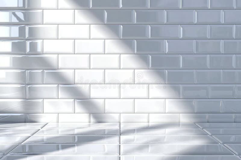 White Glossy Subway Tile Wall with Sunlight Shadows on Bright Modern ...