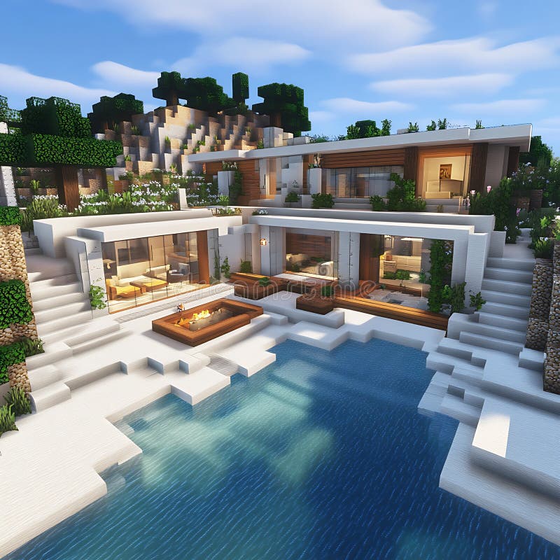Modern Minecraft House with Swimming Pool and Fire Pit Stock ...