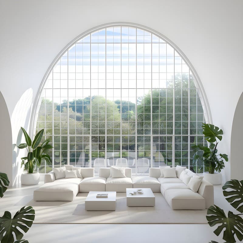 Modern Minimalist Living Room with Large Arch Window and White Sofa ...