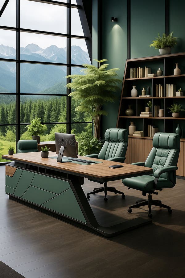Modern Green Office Interior with Mountain and Forest View Stock ...