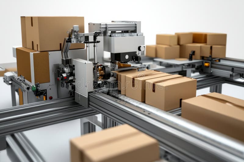 Modern Packaging Machine Organizes Cardboard Boxes on a Conveyor System ...