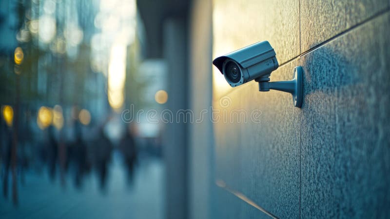 A Security Camera Watches Over a Bustling City Street. the Camera is ...