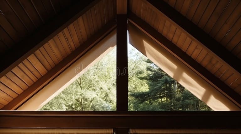 Triangular Attic Windows Overlooking Forest Canopy in Modern Wooden ...