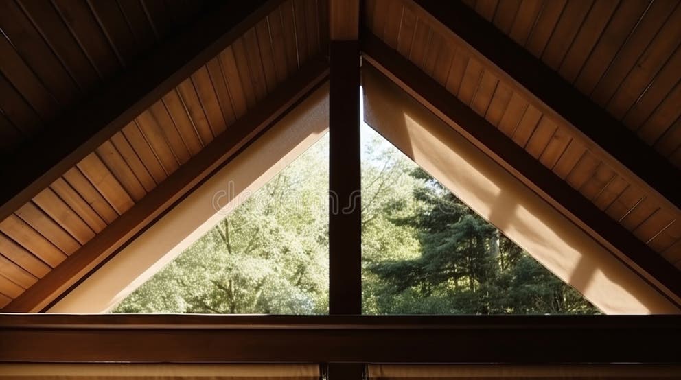 Triangular Attic Windows Overlooking Forest Canopy in Modern Wooden ...
