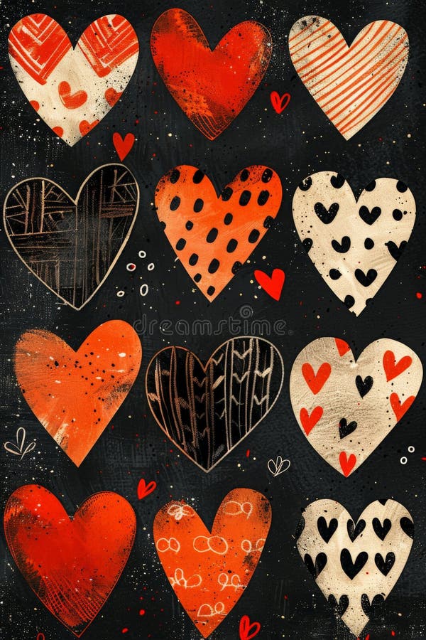 Array of Hearts Painted on Black Background Stock Illustration ...