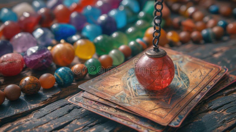 Mystical Altar with Tarot Pendulum, Defocused Cards, and Chakra Stones ...