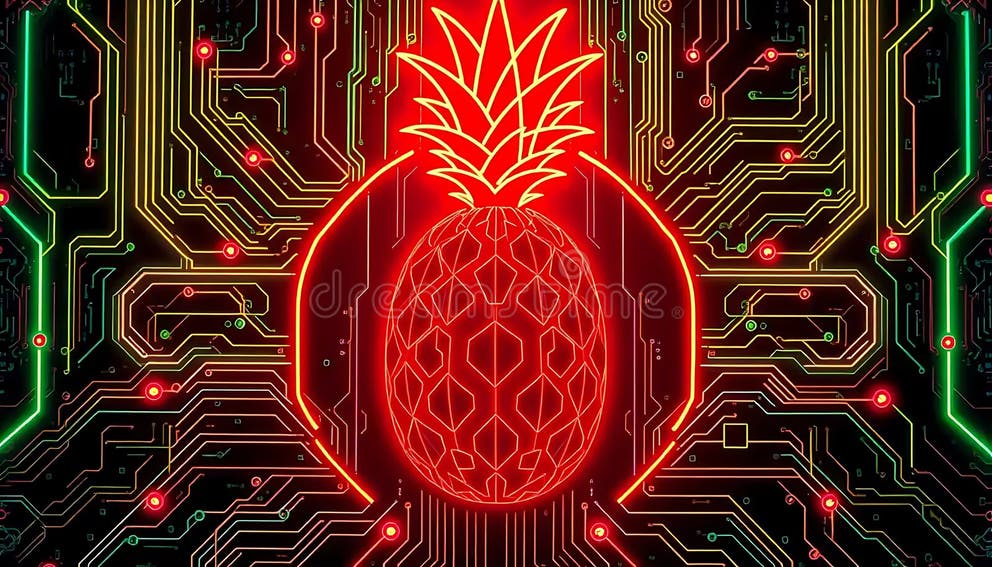 Glowing Pineapple Illustration with Circuit Board Background in Red ...