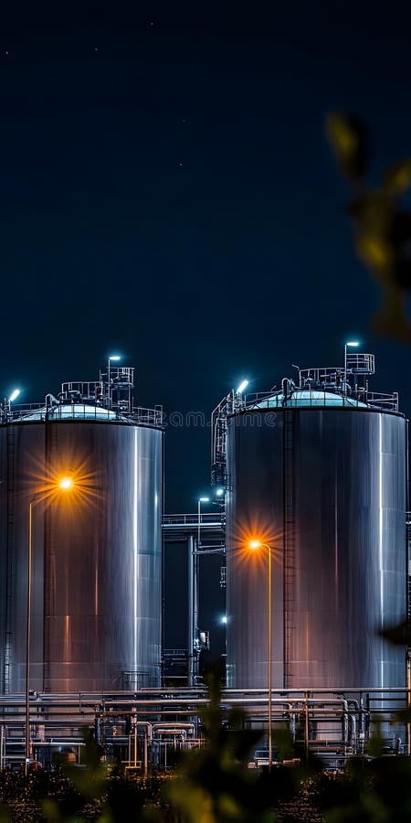 Illuminated Industrial Storage Tanks at Nighttime Stock Illustration ...