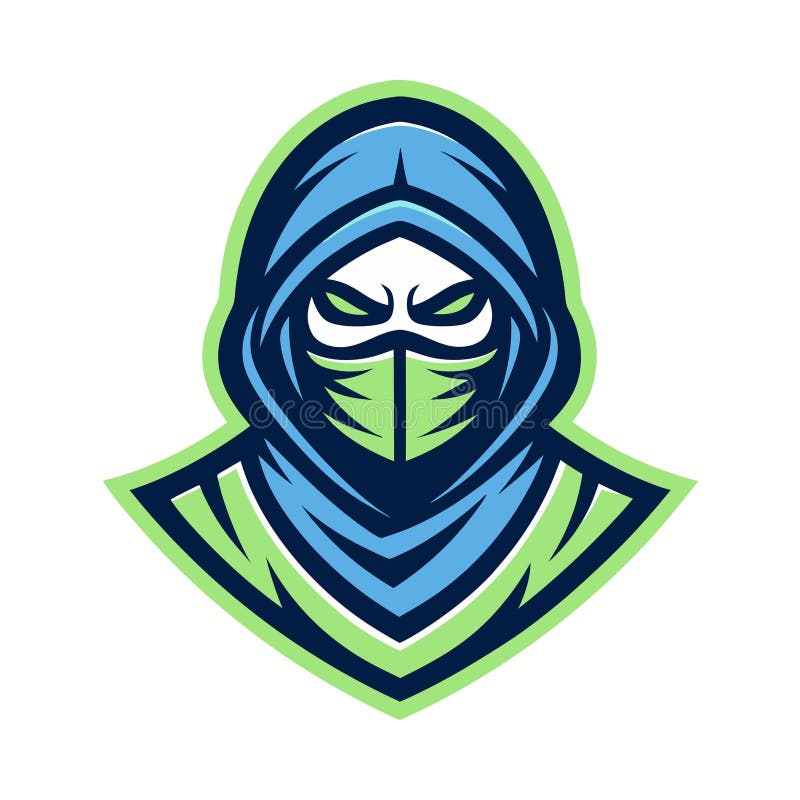Ninja Character Logo Design with Mask and Hood in Blue and Green Colors ...