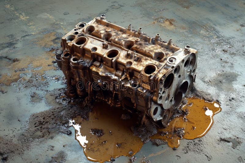 A Rusty Engine Block Rests on a Dirty Floor. Oil Stains Spread Around ...