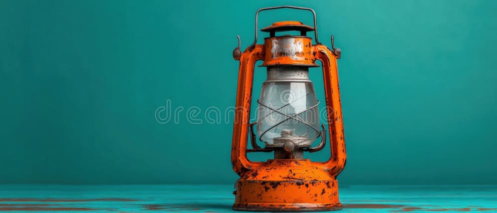 An Old, Rusty Orange Lantern with a Clear Glass Light Bulb. Stock Photo ...