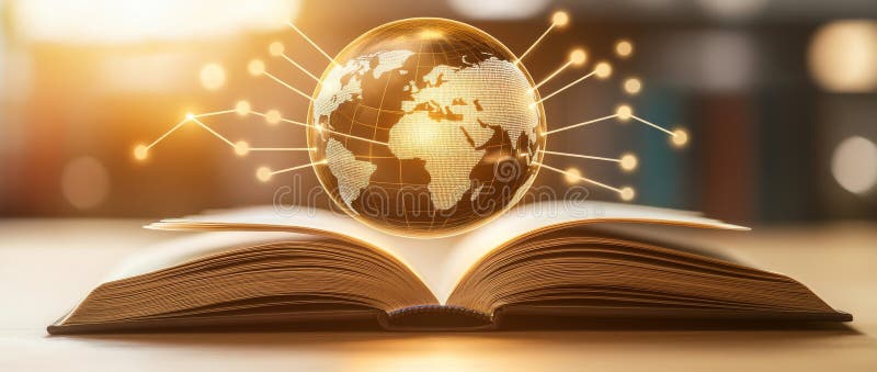 The Image Features an Open Book, a Digital Globe, and Various ...