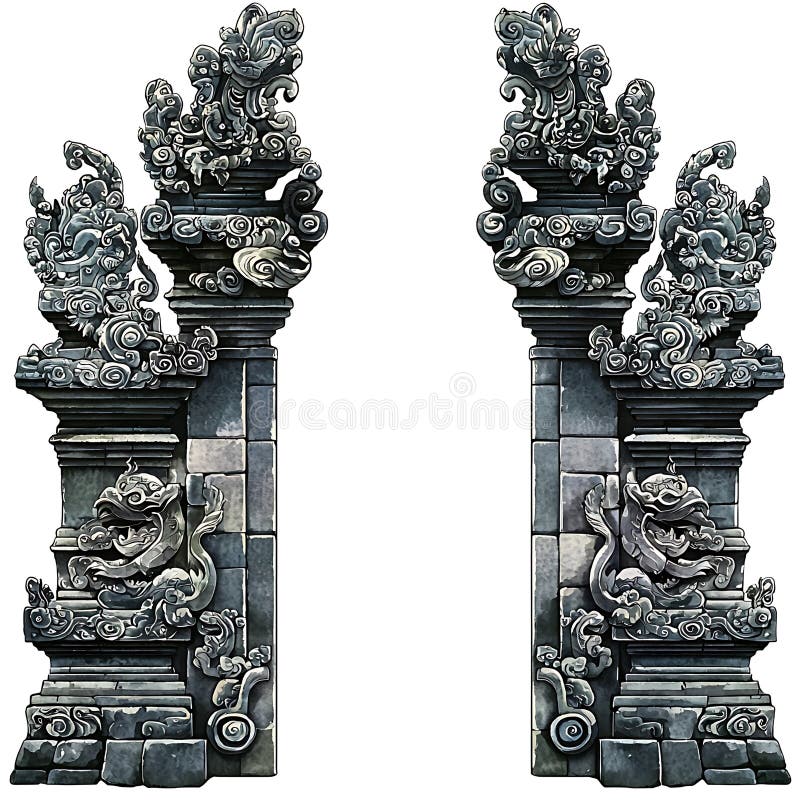 Ornate Stone Pillars with Intricate Carvings Traditional Balinese ...