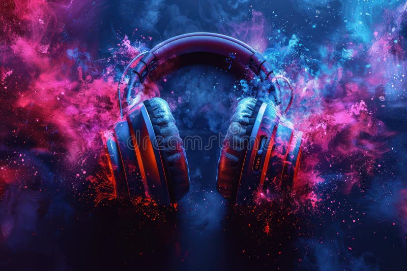 Neon Splashes with Dynamic Music: Vibrant Headphones Blasting Beats ...
