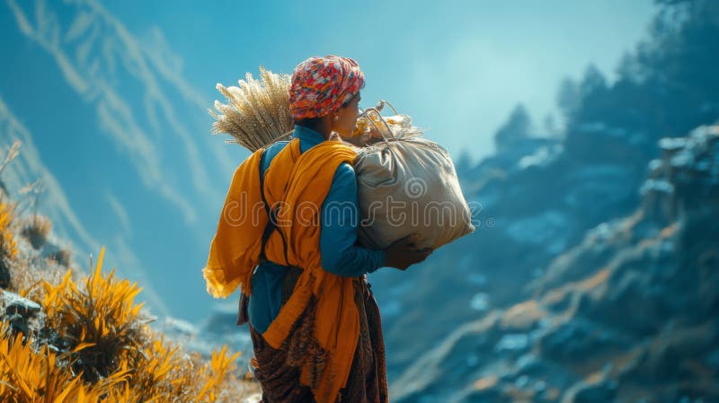 An Individual Carries a Heavy Load through Mountainous Terrain. this ...