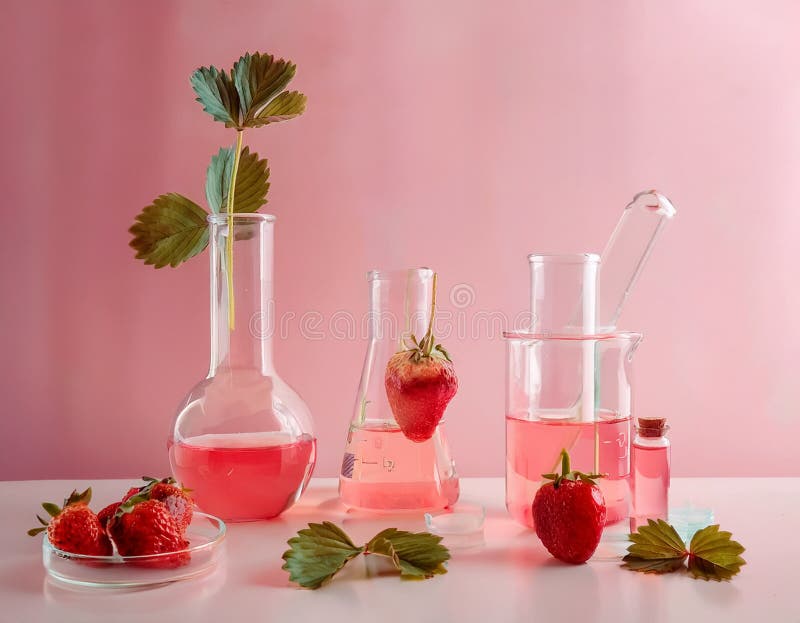 Vibrant Pink Background for Biological Strawberry Extract and Leaves in ...