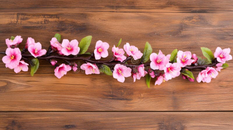 The Image Features a Pink Cherry Blossom Branch on a Rustic Brown Table ...