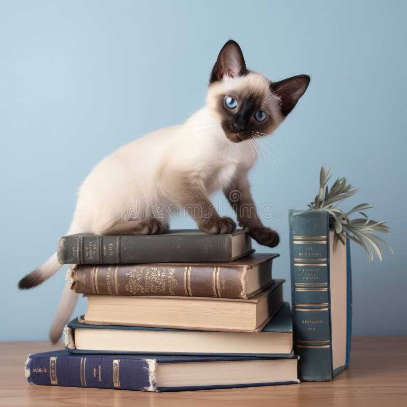 Mischievous Siamese Kitten Playing with Books Stock Illustration ...