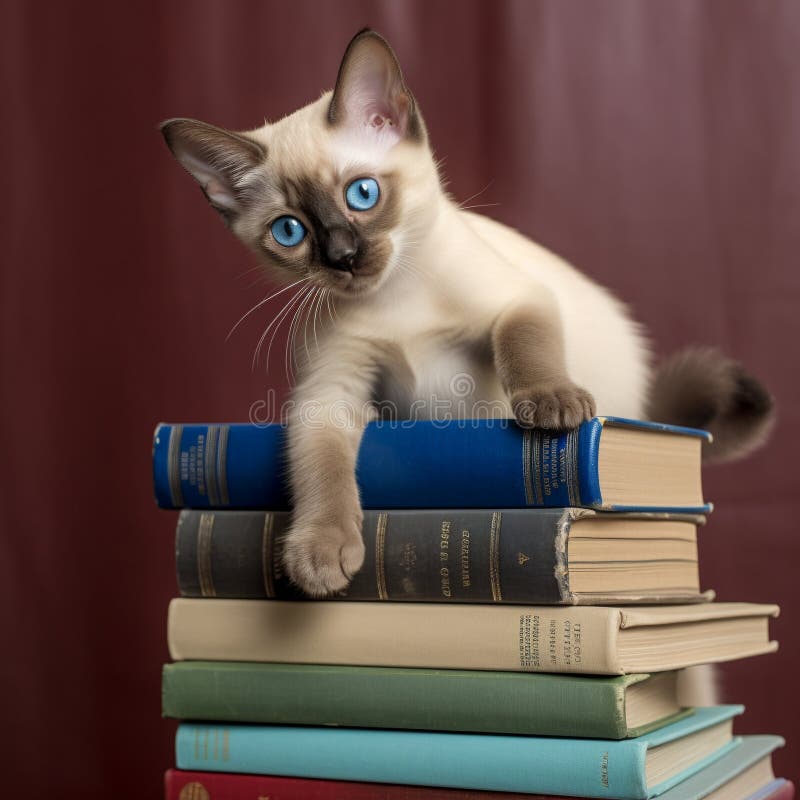 Mischievous Siamese Kitten Playing with Books Stock Illustration ...