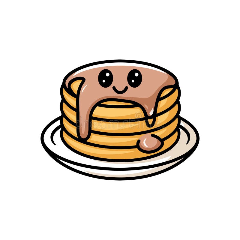 Cartoon Happy Pancake Stack with Chocolate Syrup Face on Plate Vector ...