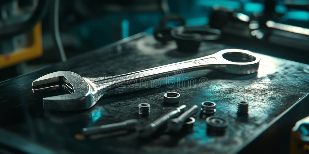 A Close-up Image of a Shiny Wrench Resting on a Workbench. Surrounding ...