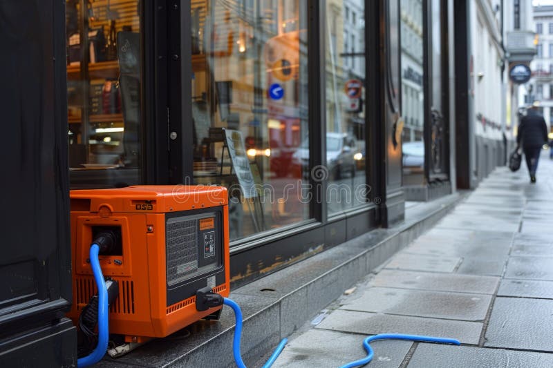 An Orange Generator Sits Outside a Shop. it is Connected with a Blue ...