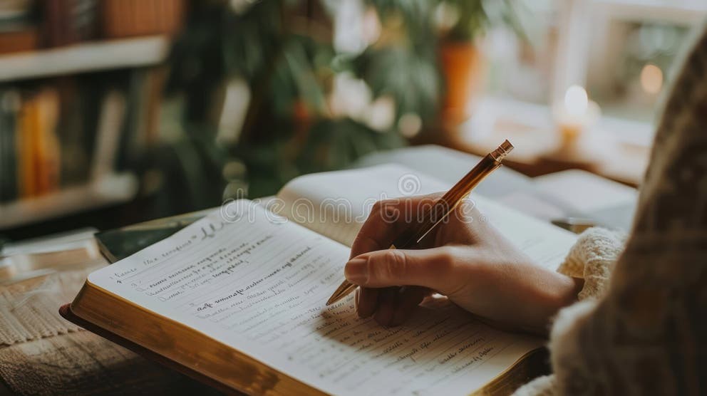 Productive Writer Captures Essential Thoughts in Open Notebook with Pen ...