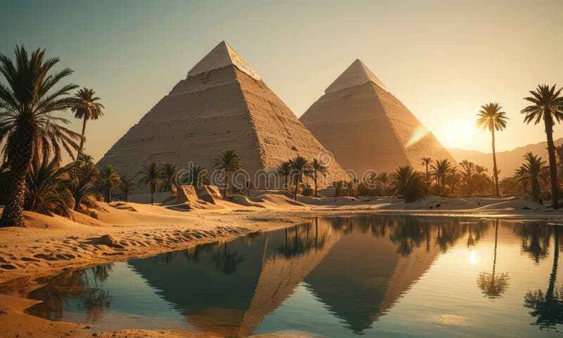 The Image Features the Pyramids of Egypt, with the Sun Setting in the ...