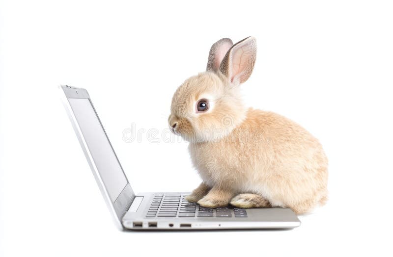 The Image Features Rabbit Bunny Utilizing a Laptop Computer Against a ...