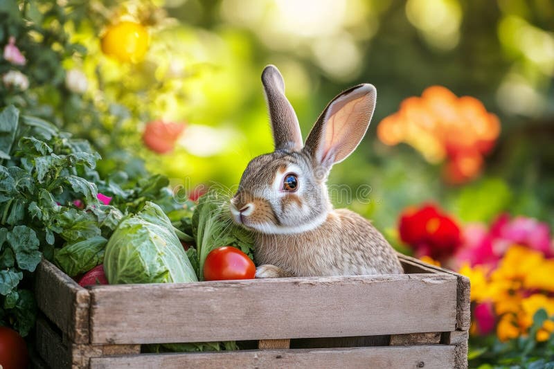 A Cute Rabbit Enjoys Fresh Vegetables in a Garden Setting. the Vibrancy ...