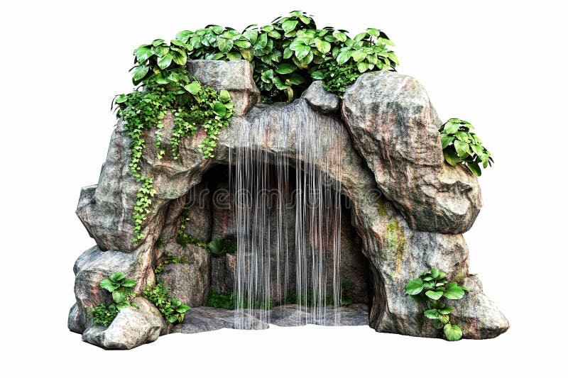 Realistic Waterfall Cave with Lush Green Foliage and Natural Stone ...