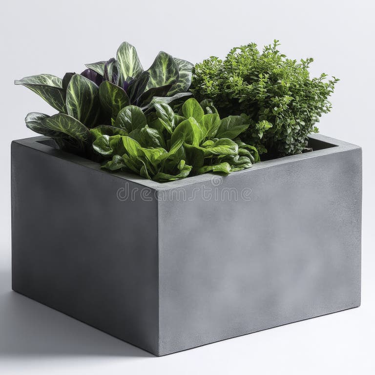Rectangular Gray Planter with Leafy Plants, Isolated on White ...