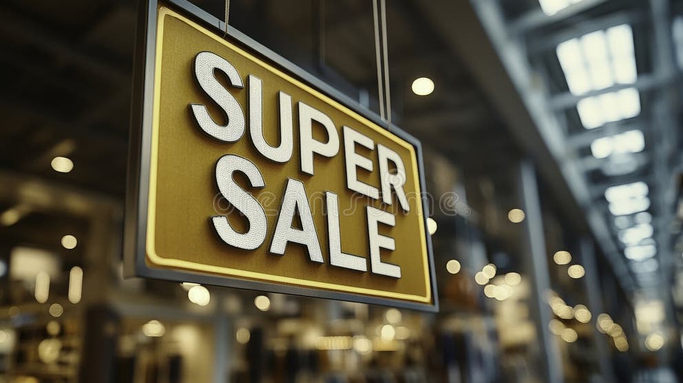 Illuminated Yellow Super Sale Sign Hanging in a Bright Retail ...