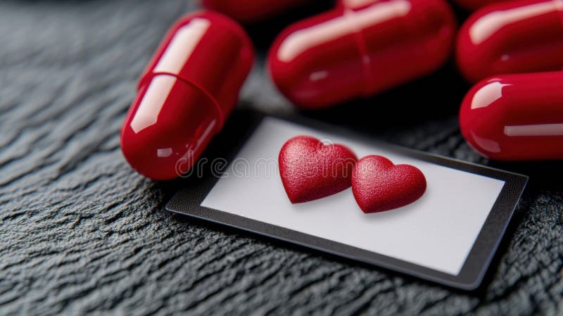 Red Capsules and Two Heart Shapes on a Card Symbolize Love and Health ...